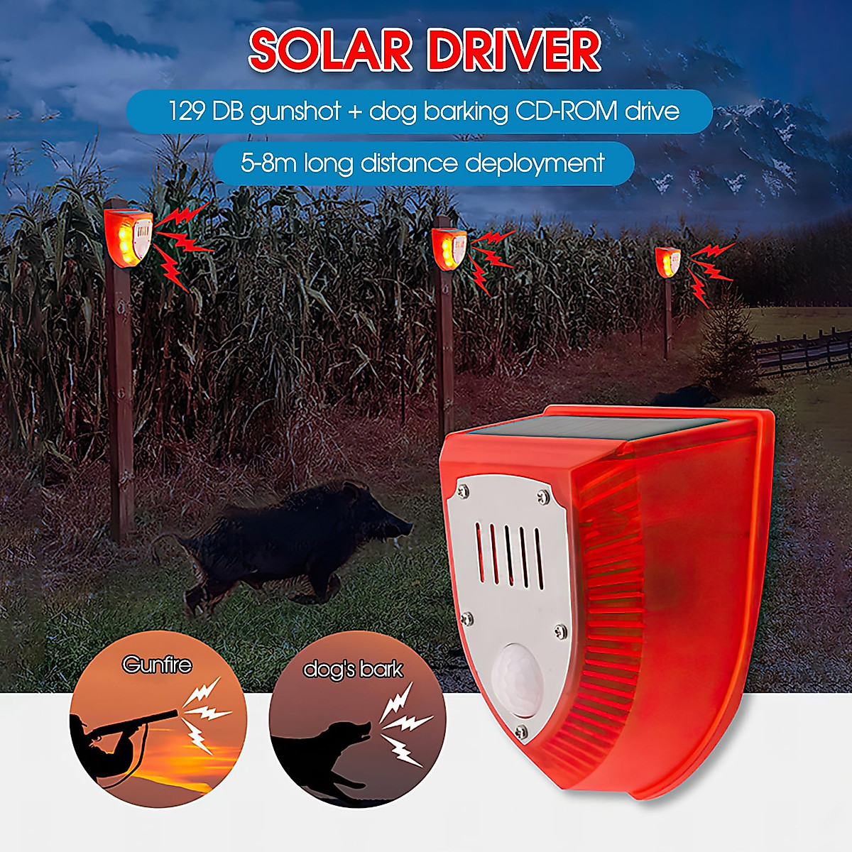 Comboss Solar Outdoor Motion Sensor Alarm, Barking Dog Motion Sensor, Barking Dog & Gunshot Sound 129bd Super Loud Noise Strobe Light with USB Charge Cable 3 Work Modes for Farm, Villa Yard