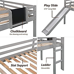 Voohek Toddler Loft Bed Low with Slide Rails Chalkboard, Wood Frame for Kids Boys Girls Slat Support, No Box Spring Needed