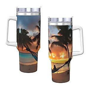 HULIBIN Coconut Beach Sunset Hammock Print Double Deck Stainless Steel Travel Coffee Cup With Lid 40 Oz Ice Bully Cup