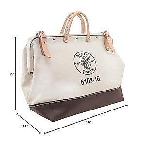 Klein Tools 5102-16 Heavy Duty Natural Canvas Tool Bag, Tool Tote, Multi-Purpose Bag with Wide Hinged Opening and Leather Handles, 16-Inch