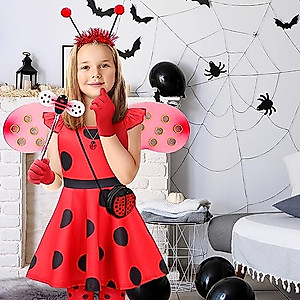 Toulite 9 Pcs Halloween Ladybug Dress Costume with Socks Red Gloves Necklace Earrings Wing for Kids Cosplay Party (51 Inches)