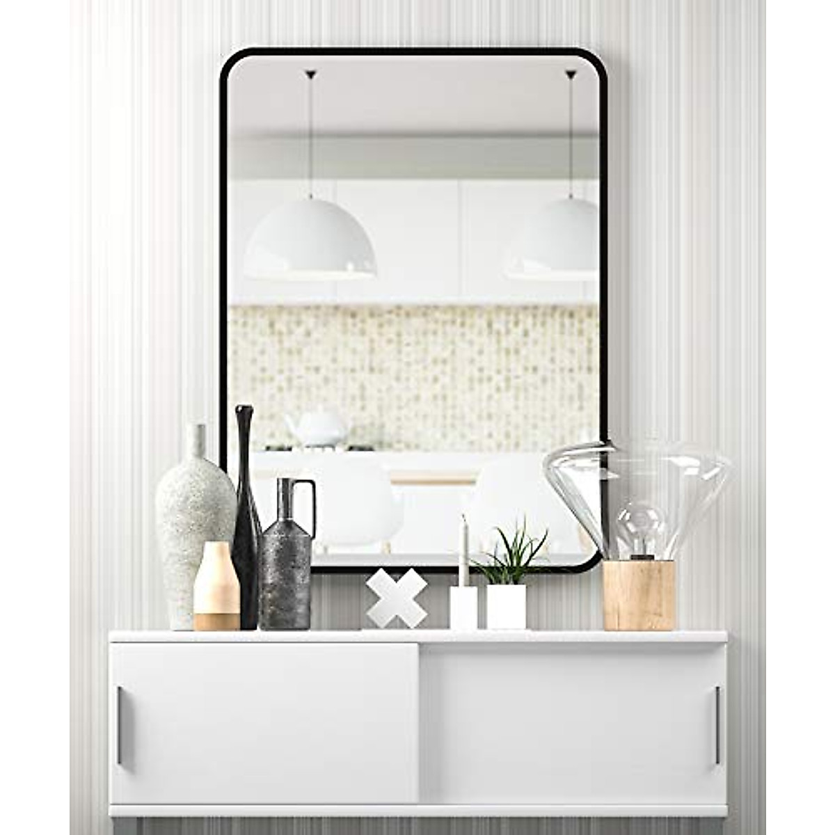 USHOWER 24 x 36 Inch Bathroom Mirror, Matte Black Rectangle Mirror for Wall, Rounded Metal Frame Vanity Mirror