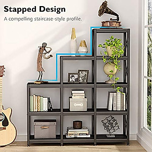 Tribesigns 12 Shelves Bookshelf, Industrial Ladder Corner Bookshelf 9 Cubes Stepped Etagere Bookcase, Rustic 5-Tier Display Shelf Storage Organizer for Home Office (Black)