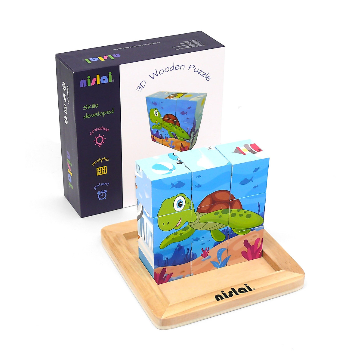 Nislai Wooden Block Puzzle | Wood Puzzle for Kids for 2 3 4 Years | 3D Aquatic Animal Sea Theme Toddler Jigsaw Pegged Puzzle | Montessori Preschool Educational Toy | 17x17cm (6.7"x6.7")