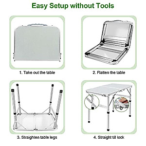 JUOIFIP Folding Camping Table Outdoor, 2 Adjustable Height Portable Folding Camping Table for Camp, Lightweight Aluminum Fold Up Camp Table for Picnic, BBQ, Party, Travel, Home Use. White