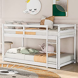 ZJIAH Solid Wood Twin Over Twin Floor Bunk Bed w Ladder, Safety Guard Rails, 400LBS Wooden Twin Bunk Beds for Teens/Adults, Low Bed Frame Bedroom Furniture, No Box Spring Required, White