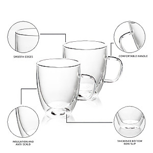 ZENENMRI Double Wall Glass Coffee Mugs 16 oz,Set of 4, Clear Coffee Cups with Handle,with 4 Spoon,Double Insulated Borosilicate Glass Mugs,Perfect for Cappuccino,Tea,Latte,Hot Beverage
