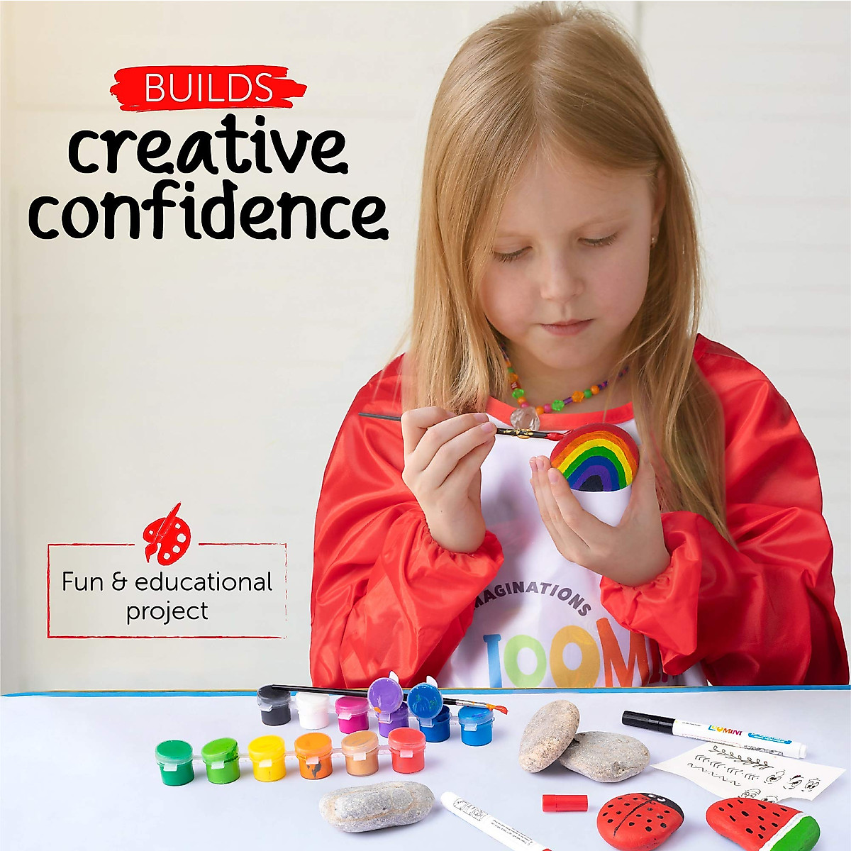 Rock Painting Kit for Kids | Arts & Craft Kits for Girls & Boys with 10 Assorted River Rocks, Acrylic Paints, Paintbrushes, Art Smock, Paint Markers, Stickers & Loads More