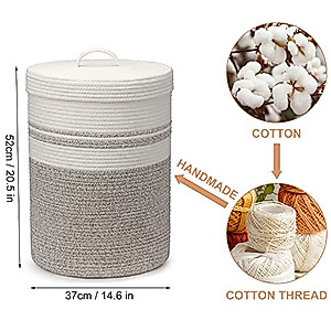 Goodheim Laundry Hamper with Lid, Large Woven Laundry Basket，Blanket and Toy Storage Basket for Living Room, Bedroom, Bathroom, Nursery（Brown and White，55L）