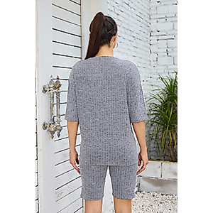 Pj Short Set Women's Pajama Sets Loose Casual Ribbed Knit Matching Outfits T-shirt Biker Shorts Sleepwear Loungewear Sweatsuits Light Blue