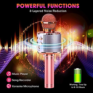 BlueFire 4 in 1 Karaoke Wireless Microphone with LED Lights, Portable Microphone for Kids, Great Gifts Toys for Kids, Girls, Boys and Adults (Pink)