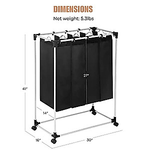 Laundry Sorter,Rolling Laundry Hamper 4-Bag Laundry Sorter Cart with Wheels 4 Removable Bags for Clothes Storage Lightweight Black