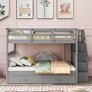BIADNBZ Full Over Full Bunk Bed with Twin Size Trundle, Storage Stairs and Guard Rail, Solid Wood Detachable BunkBed Frame for Teen/Adults Bedroom, Gray