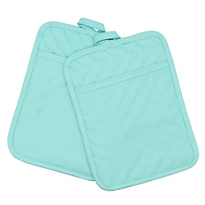 Cotton Pocket Pot Holder Kitchen Hot Pads Heat Resistant, Set of 4, Kitchen Basic Trivet for Cooking and Baking, 7”x 9” (Aqua)