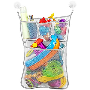 S&T INC. Baby Bath Toy Storage for Tub with Pockets, Kids Bath Toy Holder or Mesh Shower Caddy, Holds Kid Toys, Soaps, or Shampoos, 14 Inch by 20 Inch Net with Hooks Included, Grey, 1 Pack