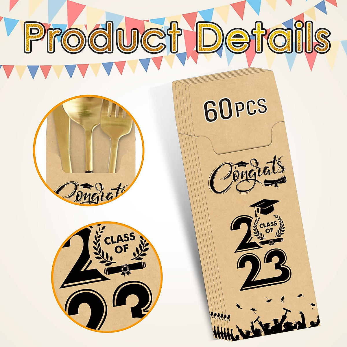 60 Pieces Graduation Silverware Bags Utensil Cutlery Holders Class of 2023 Graduation Party Supplies for College, Senior, High School Congrats Grad Centerpiece Table Decor (Kraft Paper)