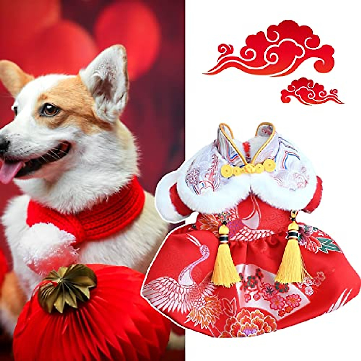 Pet Clothes Exquisite Pattern Dress Up Super Soft Thickened Dog Cat Fleece Lined Dress Pet Winter Outfit Pet Supplies Red S