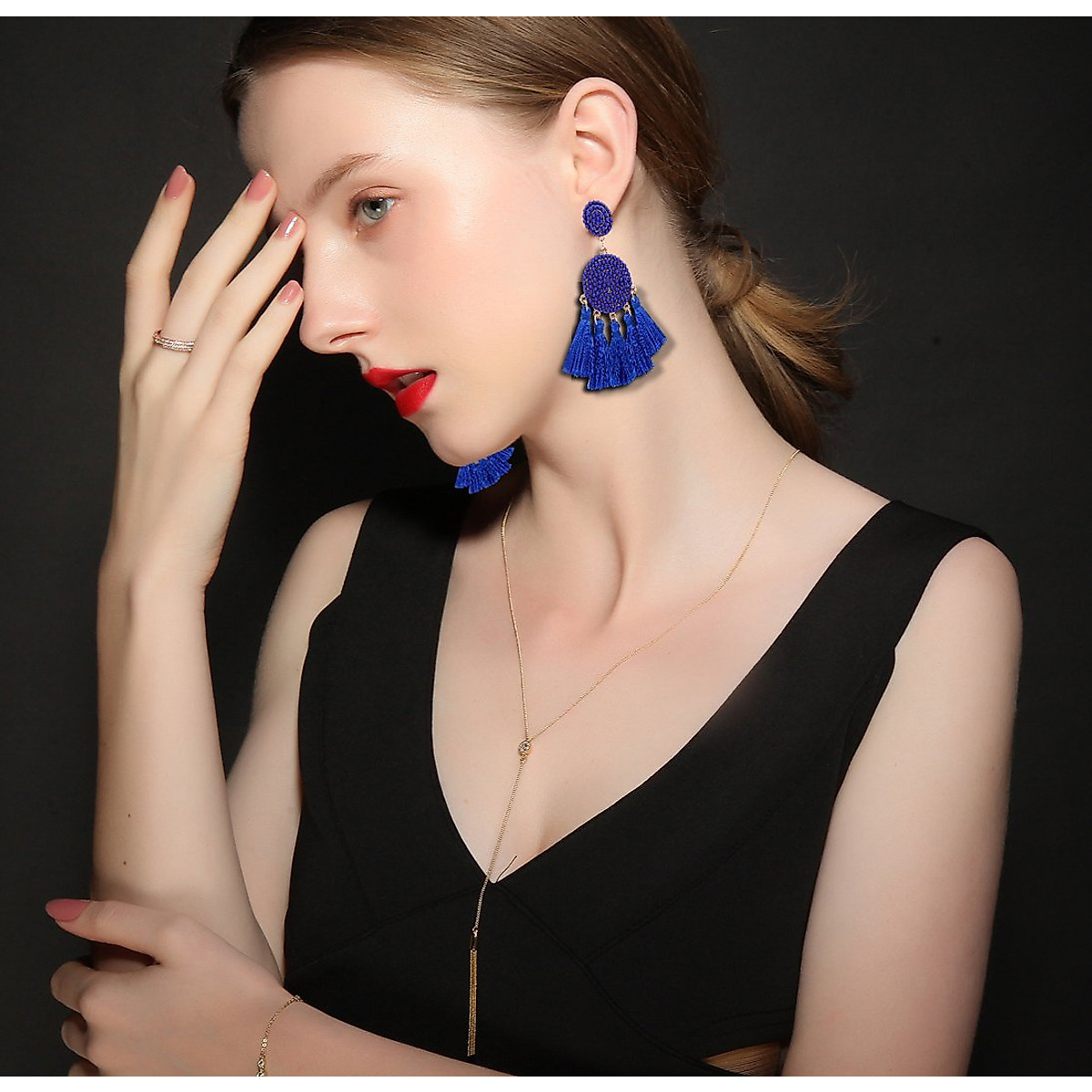 XOCARTIGE Tassel Earrings Thread Fringe Chandelier Drop Dangle Earrings Bohemia Beaded Disc Stud Earring for Women(Blue)