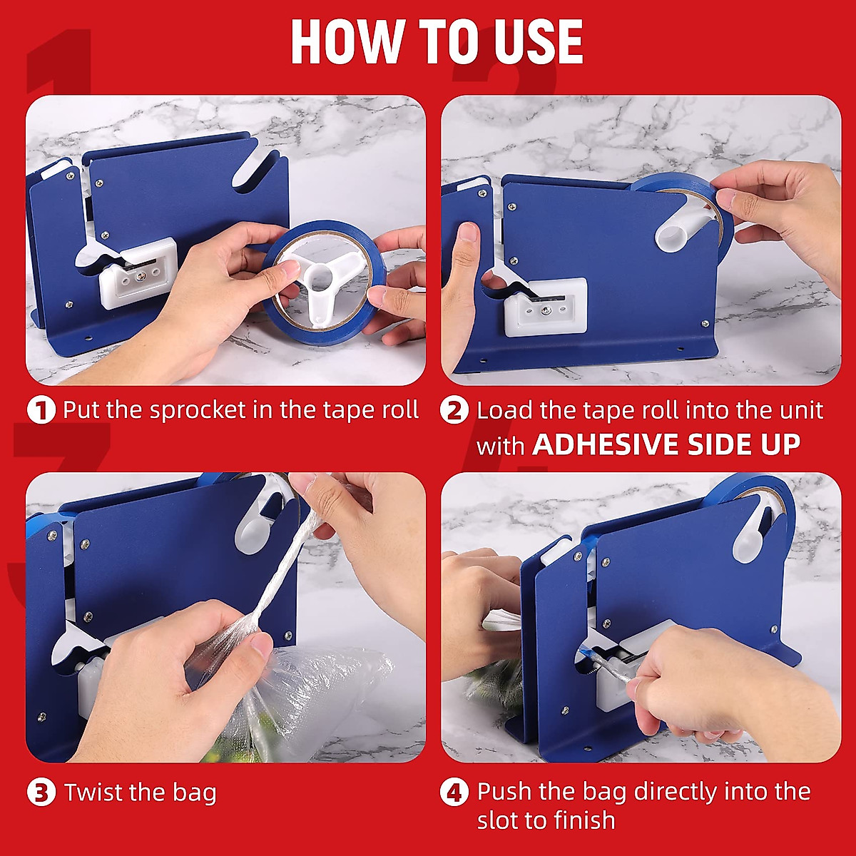 Kailund Steel Tape Bag Sealer with Bag Trimmer - Includes 6 Rolls of Tapes - Poly Bag Sealer Tape Machine, Bag Sealing Tape Dispenser for Fruit, Greens and Ground Meat Packaging