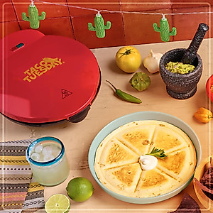 Taco Tuesday Deluxe 10" 6-Wedge Electric Quesadilla Maker with Extra Stuffing Latch, Red