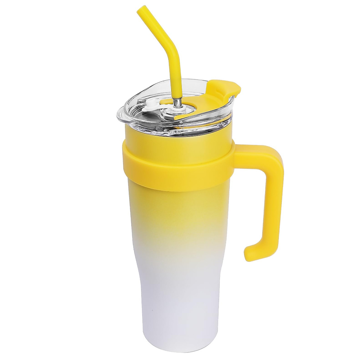 Beatcreat 40 oz Tumbler with Handle and Straw Lid,Insulated Double Wall Stainless Steel Travel Coffee Mug,Cup Holder Friendly(Yellow and white)