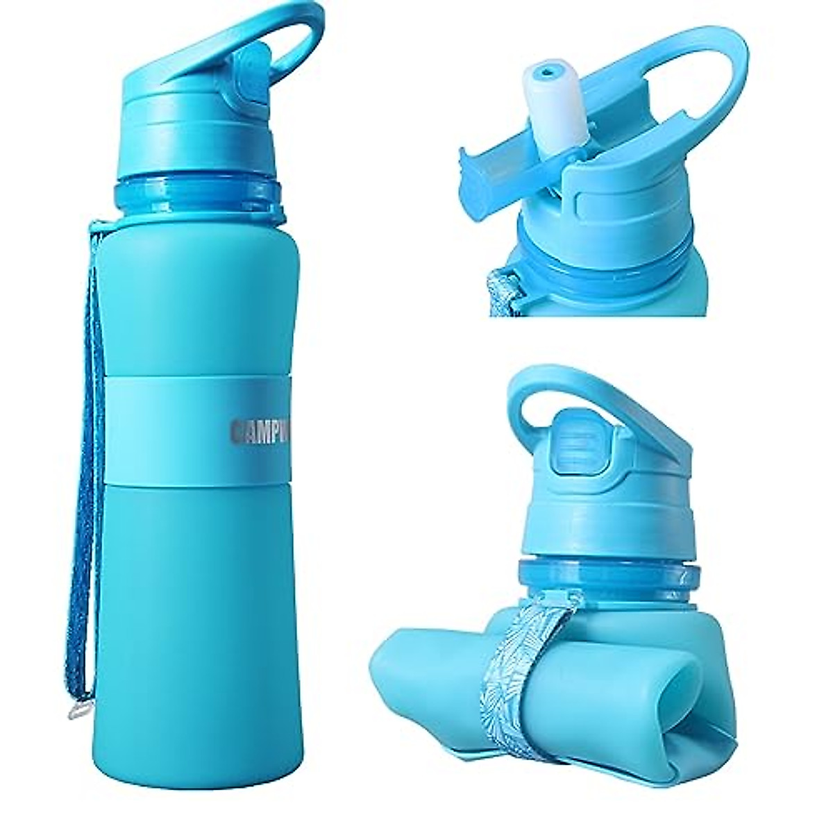 CAMPWOLF Collapsible Water Bottle,Reusable Leakproof Silicone Foldable Water Bottles for Travel Sports Gym Camping Hiking, BPA Free, 22 oz (BLUE)