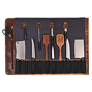 Leather Canvas Knife Roll Storage Bag Expandable 10 Pockets Detachable Shoulder Strap Travel-Friendly Chef Knife Case Roll By Aaron Leather Goods (Pittsburgh, Canvas Leather)
