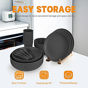42 Pieces Wheat Straw Dinnerware Set - OAMCEG Plastic Dinner Set for 6, Kitchen Plates and Bowls Set, College Dorm Microwave Dishes, Unbreakable Plastic Outdoor Camping Dishes, Black