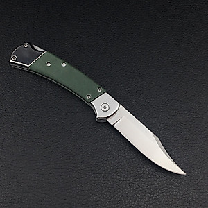 HUAAO 7.3 Inch Camping Folding Knife, Pocket Knife with 440C Steel Blade G10 Handle, Lock Back Knife with Leather Sheath (Green Handle)