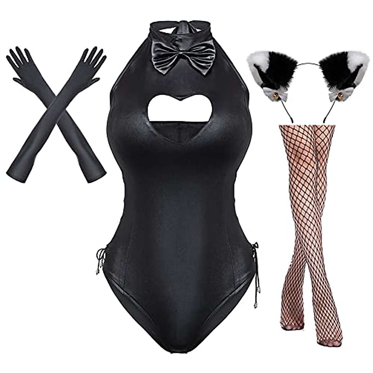 Womens Bunny Girl Suit Button Crotch Romper Onesie Bodysuit Cosplay Costume Furry Cat Ear Gloves Socks Set(Black 4XL)