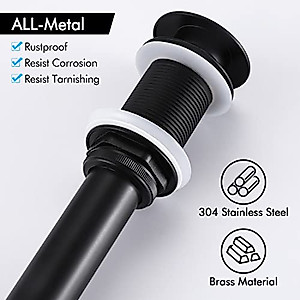KES Bathroom Sink Drain Pop Up Drain Without Overflow, Vessel Sink Stopper Matte Black, All Metal Rustproof Brass and 304 Stainless Steel, S2008S62D-BK