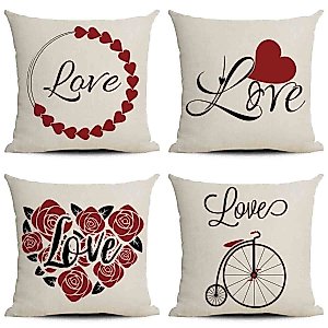 CARROLL Set of 4 Pillow Covers,Simple Love Valentine's Day Wedding Decoration Home Outdoor Garden Decor Square Sofa Bedroom Pillow Cover Linen Cushion Cover, 18x18 Inch