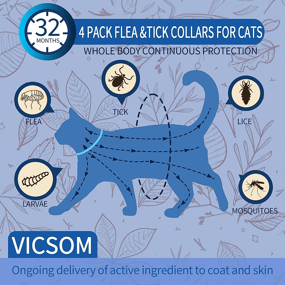 4 Pack Flea Collar for Cats, Cat Flea and Tick Collar 8 Months Prevention Cat Flea and Tick Treatment, Waterproof Adjustable Cat Flea Collar, Natural Anti Tick and Flea Collar for Kitten, Blue