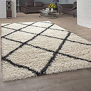Boho Shag Rug in Cream with Modern Diamond Pattern, Scandinavian Design, Size:6'7" x 9'2"