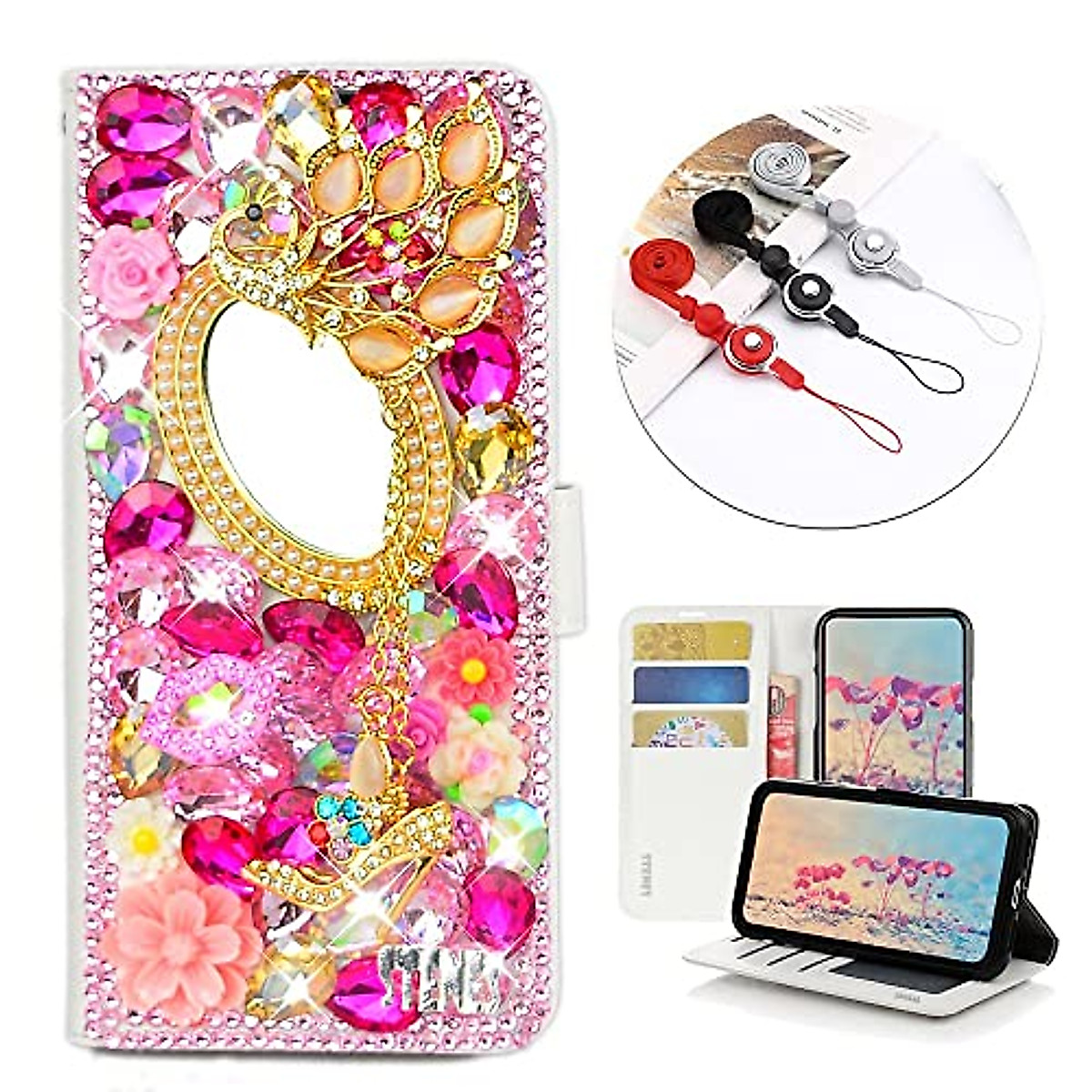STENES Bling Wallet Phone Case Compatible with Samsung Galaxy Z Fold 2 5G - Stylish - 3D Handmade Girls Mirror Peacock Pendant Flower Leather Girls Women Cover with Neck Strap Lanyard [3 Pack] - Pink