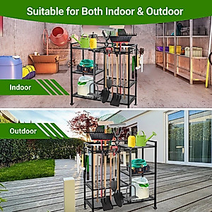 Joyoolife Garden Tool Organizer, 3 Tier Yard Tool Rack with Large Tool Slots & Small Tool Hooks, Large Capacity Tool Shelf, Heavy Duty Metal Tower Rack for Garden Lawn Garage Shed