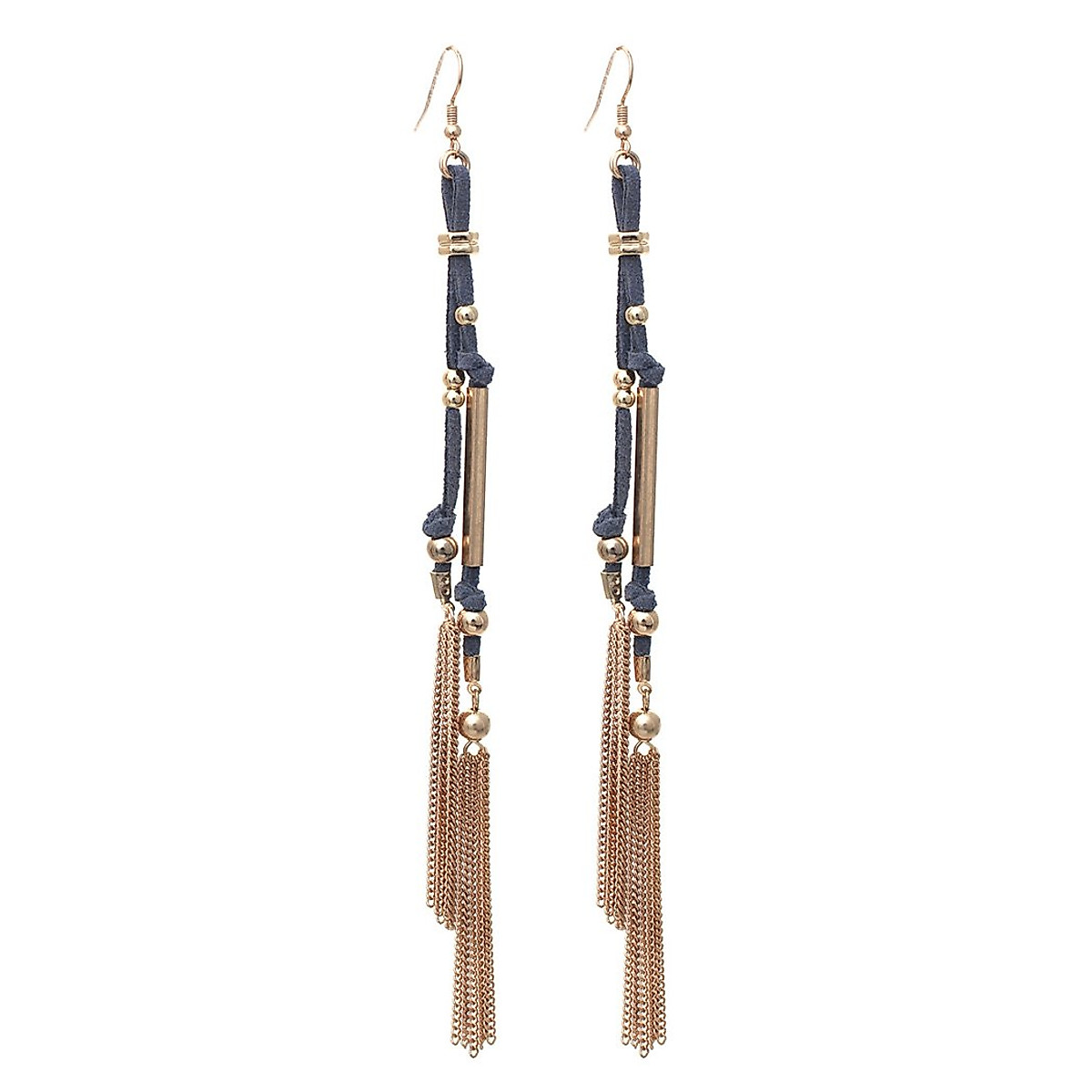 Rosemarie Collections Women's Boho Chic Colorful Vegan Suede With Chain Link Fringe Tassel Extra Long Statement Making Shoulder Duster Dangle Earrings, 7" (Slate Blue)