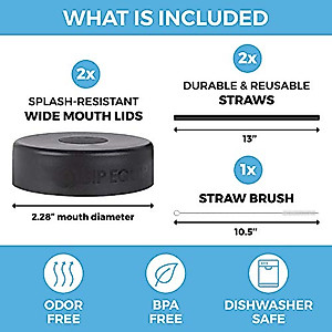 Sip Equip Wide Mouth Straw Lids (2 Pack), Compatible with Hydro Flask, Simple Modern, Hydro Cell, Thermoflask, Takeya, Vmini and Iron Flask, 2 Lids, 2 Straws and 1 Straw Brush, Original
