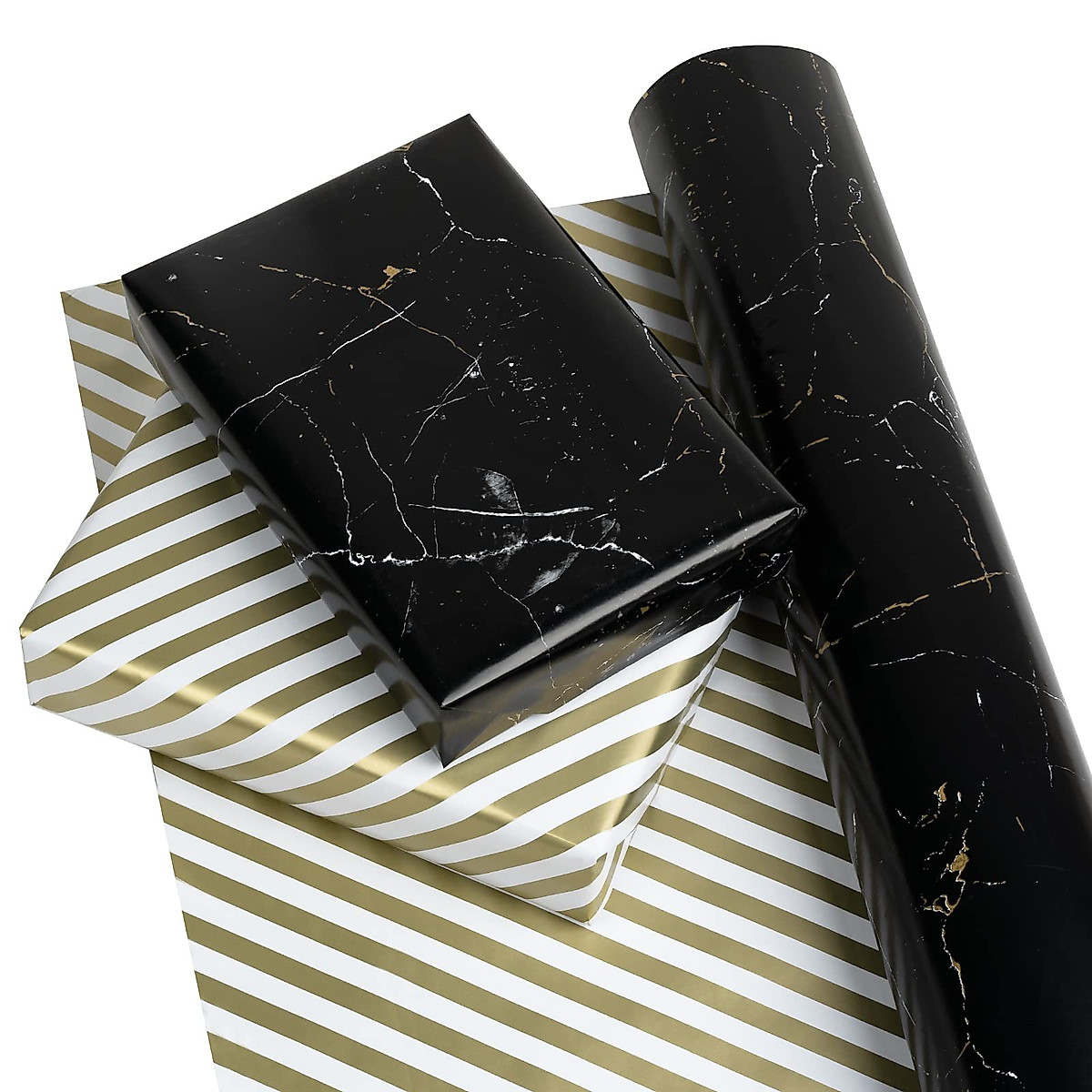 WRAPAHOLIC Reversible Wrapping Paper - Mini Roll - 17 Inch X 33 Feet - Black and Gold Marble Design, Perfect for Birthday, Holiday, Father's Day, Baby Shower