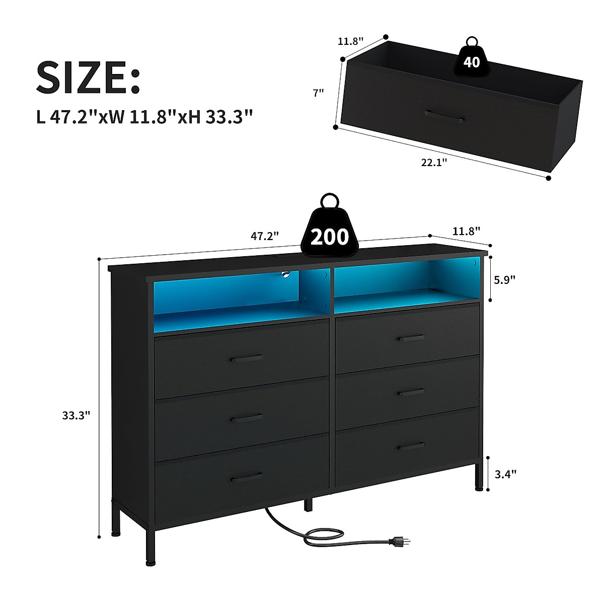 Dresser for bedroom, Fabric Black Bedroom Dresser with LED Lights and Charging Station, 6 Long Drawers Dresser, Tall Wide Chest of Drawers Storage Organizer TV Stand for up to 60" TV for Living Room