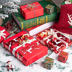 WRAPAHOLIC Reversible Christmas Wrapping Paper - Mini Roll - 17 Inch X 33 Feet - Red Reindeer and Solid Red Design with Metallic Foil Shine for Chrsitmas, Holiday, Party Celebration