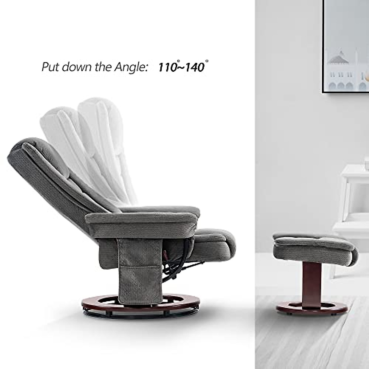 MCombo Recliner Chair with Ottoman, Fabric Accent Chair with Vibration Massage, Swivel Chair with Wood Base, for Living Reading Room Bedroom, 9099 (Grey)