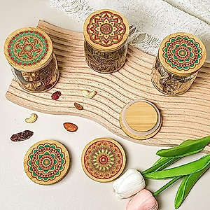 ANNOR 8 Pack Oui Yogurt Jar Lids Reusable Bamboo Wooden Lids with Mandala Patterns, Silicone Sealing Rings and Yogurt Bottle Label, Fit for Oui Yogurt Jars