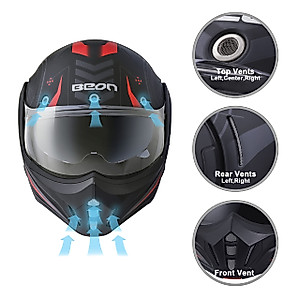 BEON Full Face Motorcycle Helmet DOT Approved, 180° Reversible Chin Guard Modular Pilot Helmet with Anti-Fog Dual Visors for Adult Men Women (S-XXL)