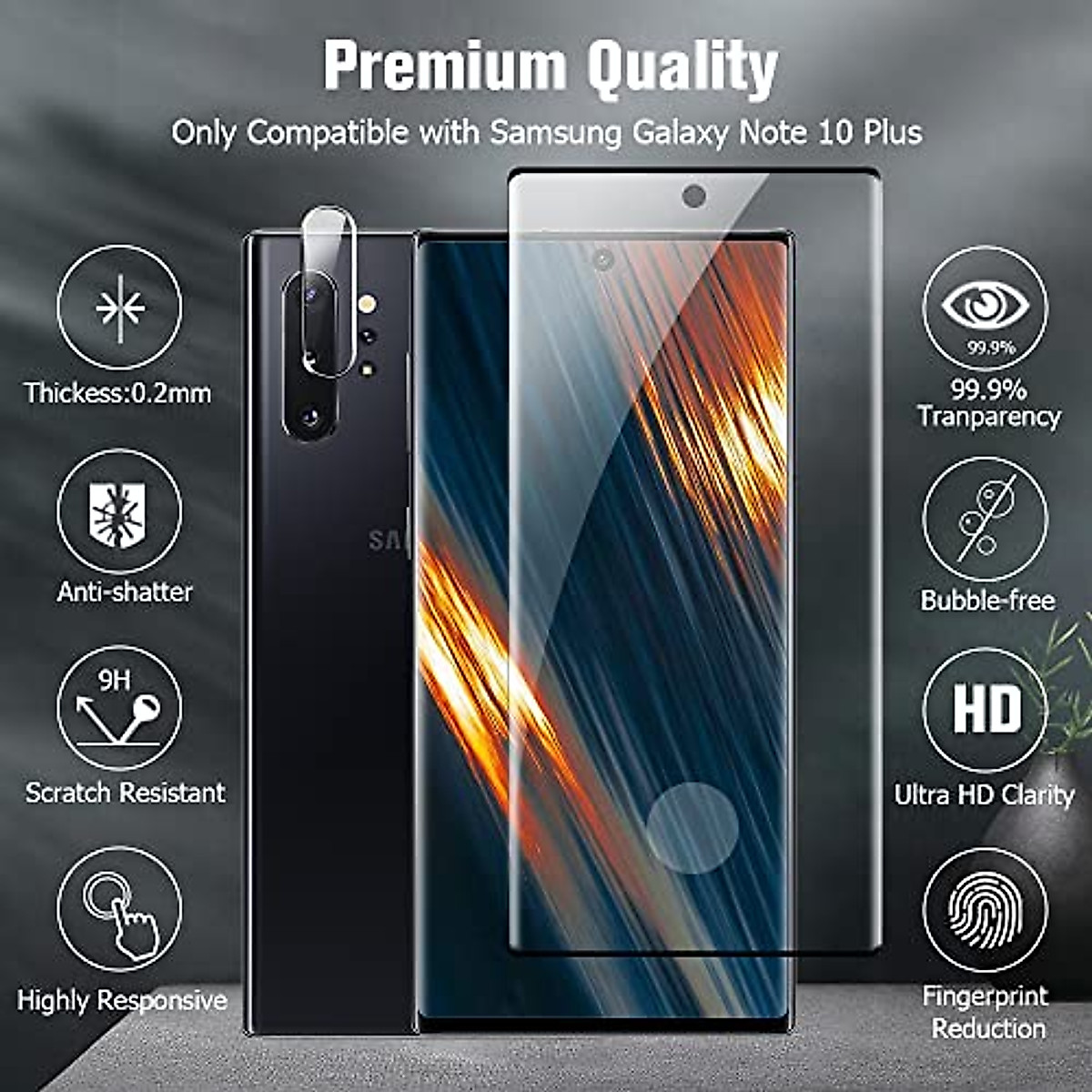 [2+2 Pack]Galaxy Note 10 Plus Screen Protector+Camera Lens Film,9H Tempered Glass,Ultrasonic Fingerprint Compatible, HD Clear,3D Curved Glass Screen Protector For Samsung Galaxy Note 10 Plus (6.8")