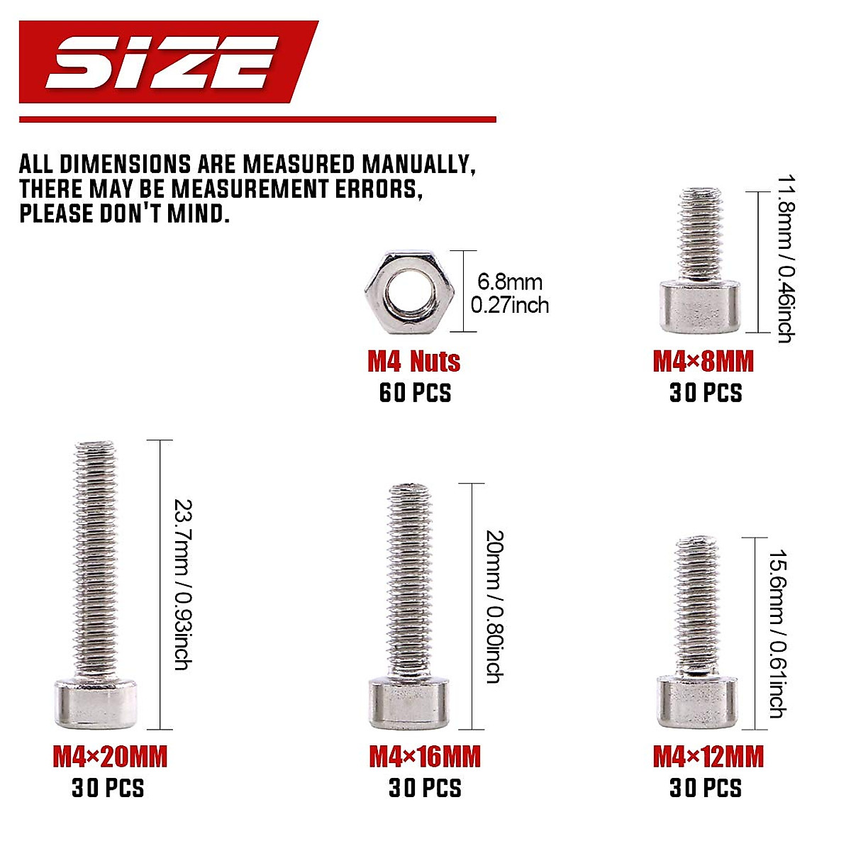 Hilitchi 180pcs M4 Stainless Steel Hex Socket Head Cap Screws Nuts Assortment Kit with Box (M4)