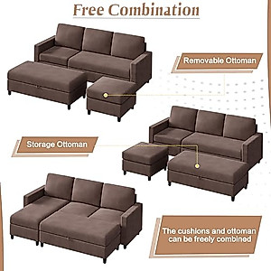 JAMFLY 79'' Sectional Sofa Couch with Storage Ottoman, Living Room Furniture Set Small Deep Convertible Sofa, L-Shaped Couch Wide Reversible Chaise with Linen Fabric (Brown)