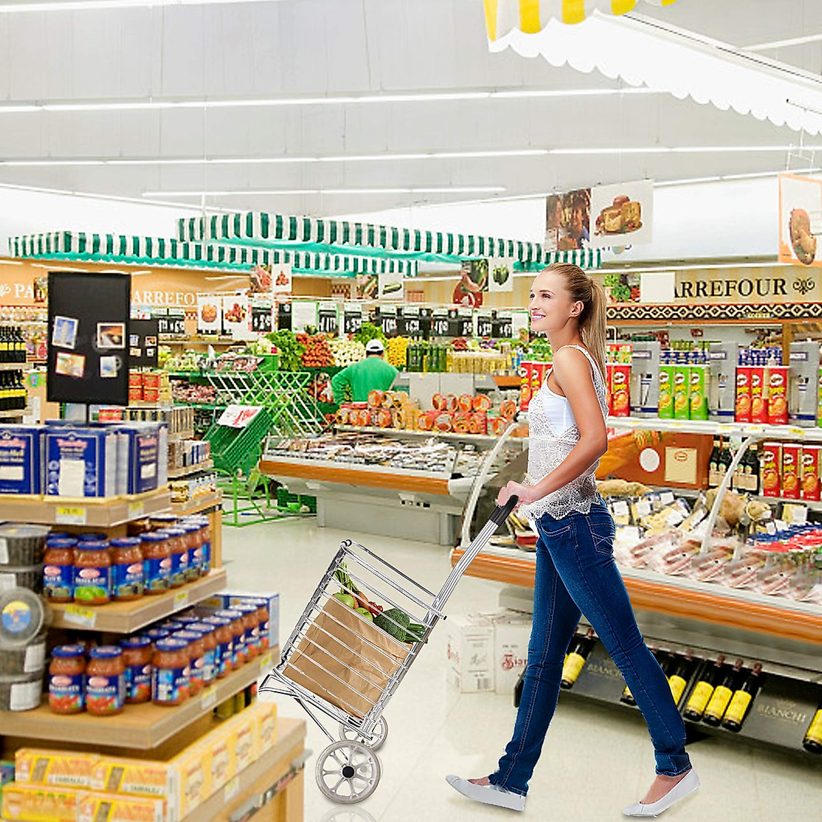 Livebest Shopping Utility Cart with 2 Wheels Swivel Durable Folding Design Dolly Laundry Hand Cart Light Weight