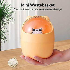 Cute Mini Desktop Trash Can, Cartoon Cat Animal Shape Waste Paper Bin with Swing Lid Mini Countertop Trash Can Small Garbage Can(Yellow)