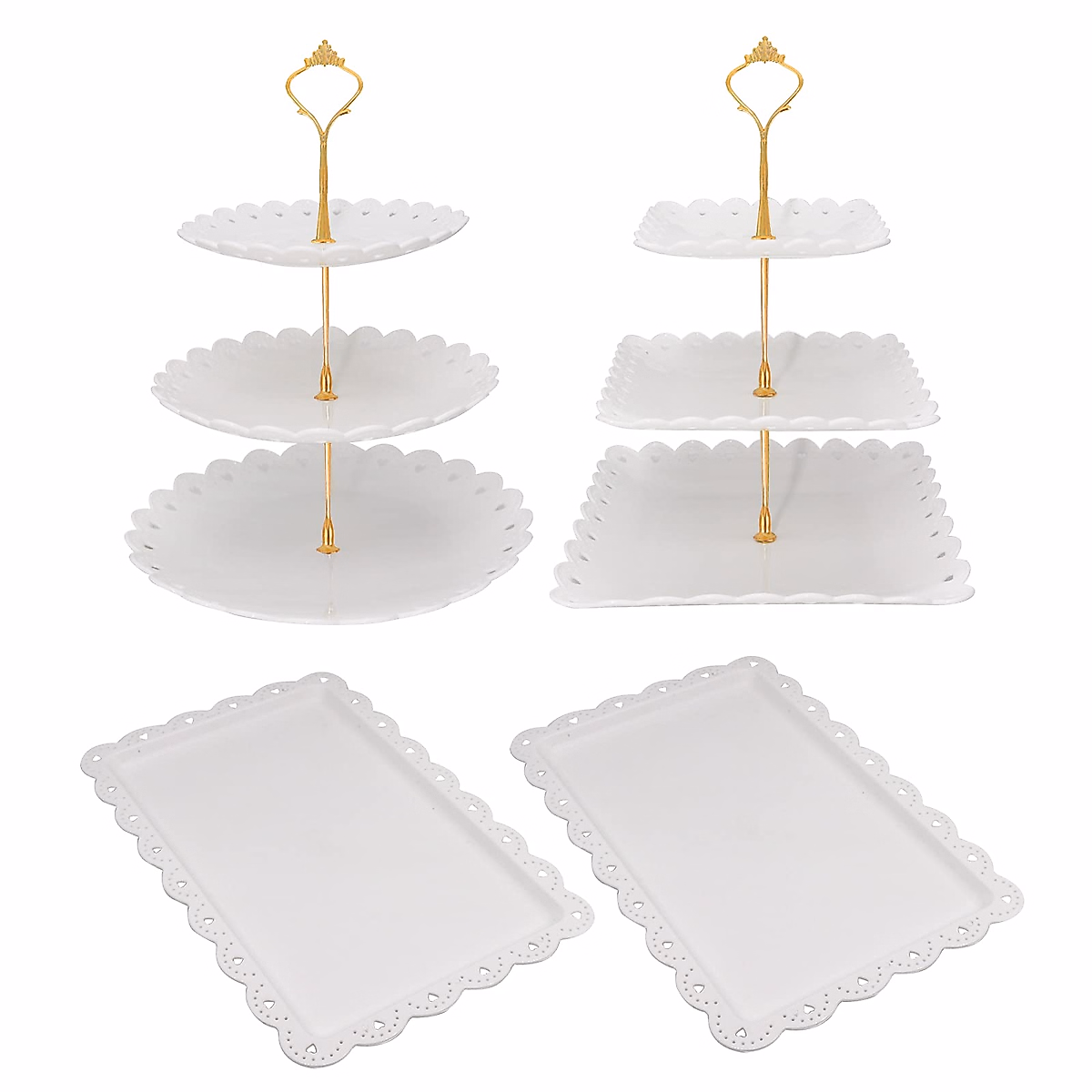 4 Pieces Plastic Cake Stand Set with 2pcs Large 3-Tier Cupcake Stands + 2pcs Appetizer Trays Perfect for Wedding Birthday Baby Shower Tea Party (White)